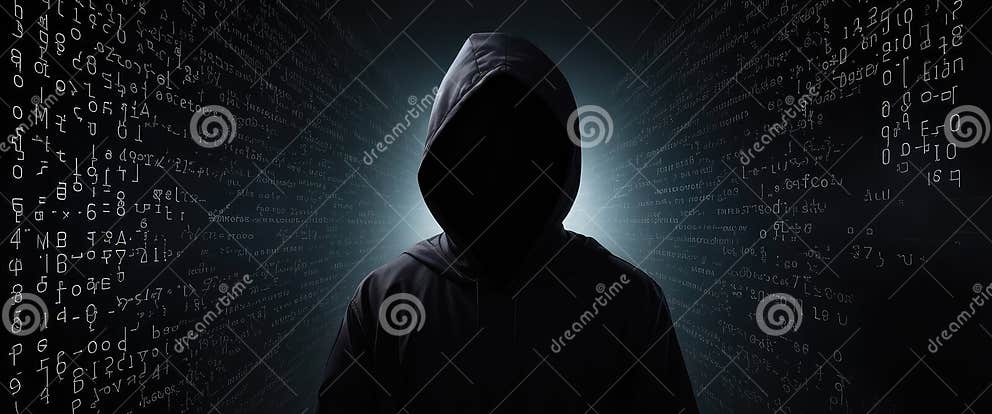 Hacker Wearing Black Hooded Sweatshirt in Front of a Binary Code Background. Cyber Security ...