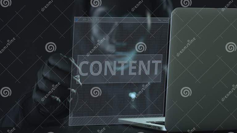 A Hacker Wearing Black Mask Pulls CONTENT Tab from a Laptop. Hacking ...