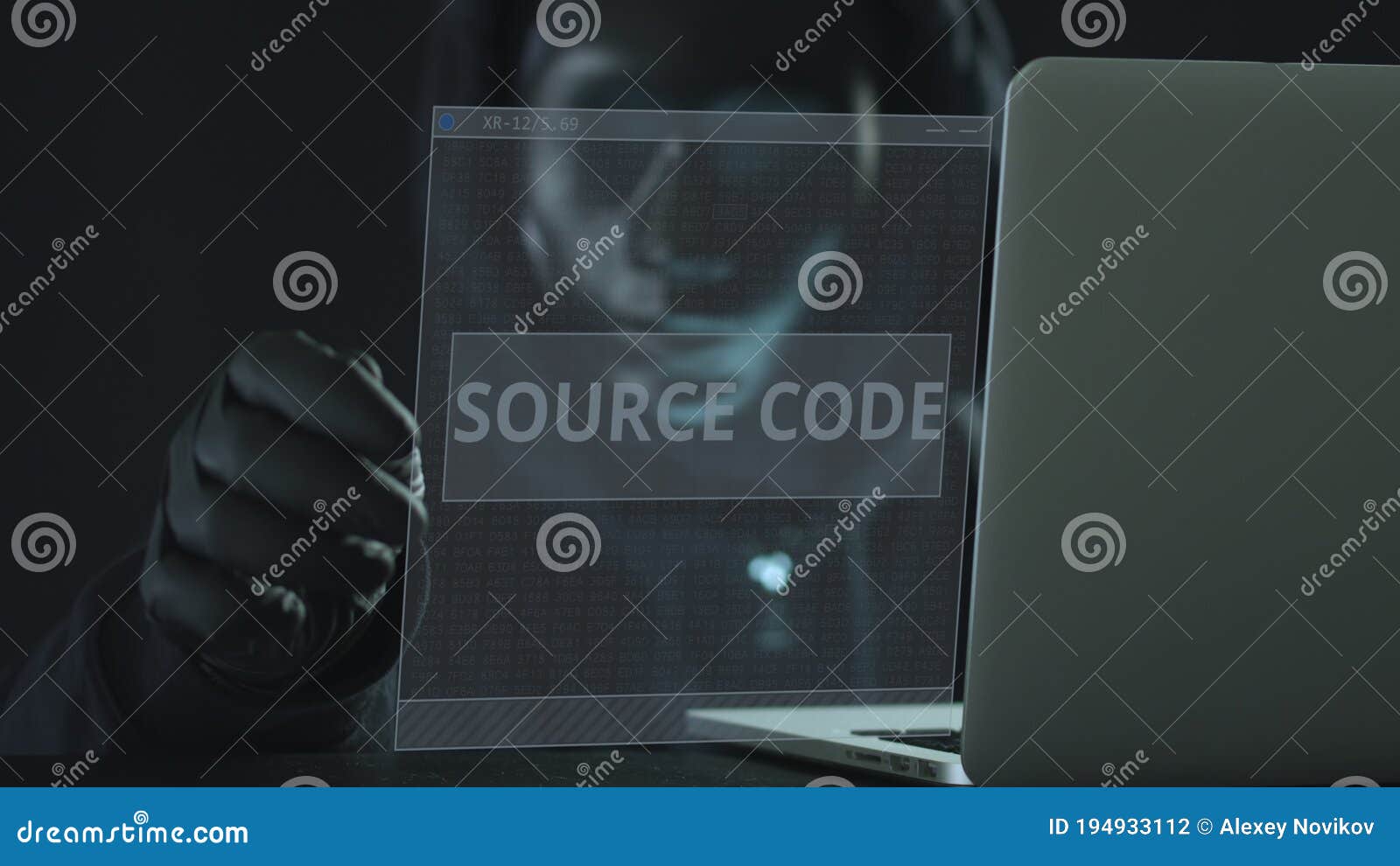 Hacker Wearing Black Mask Pulls SOURCE CODE Tab from a Laptop. Hacking ...