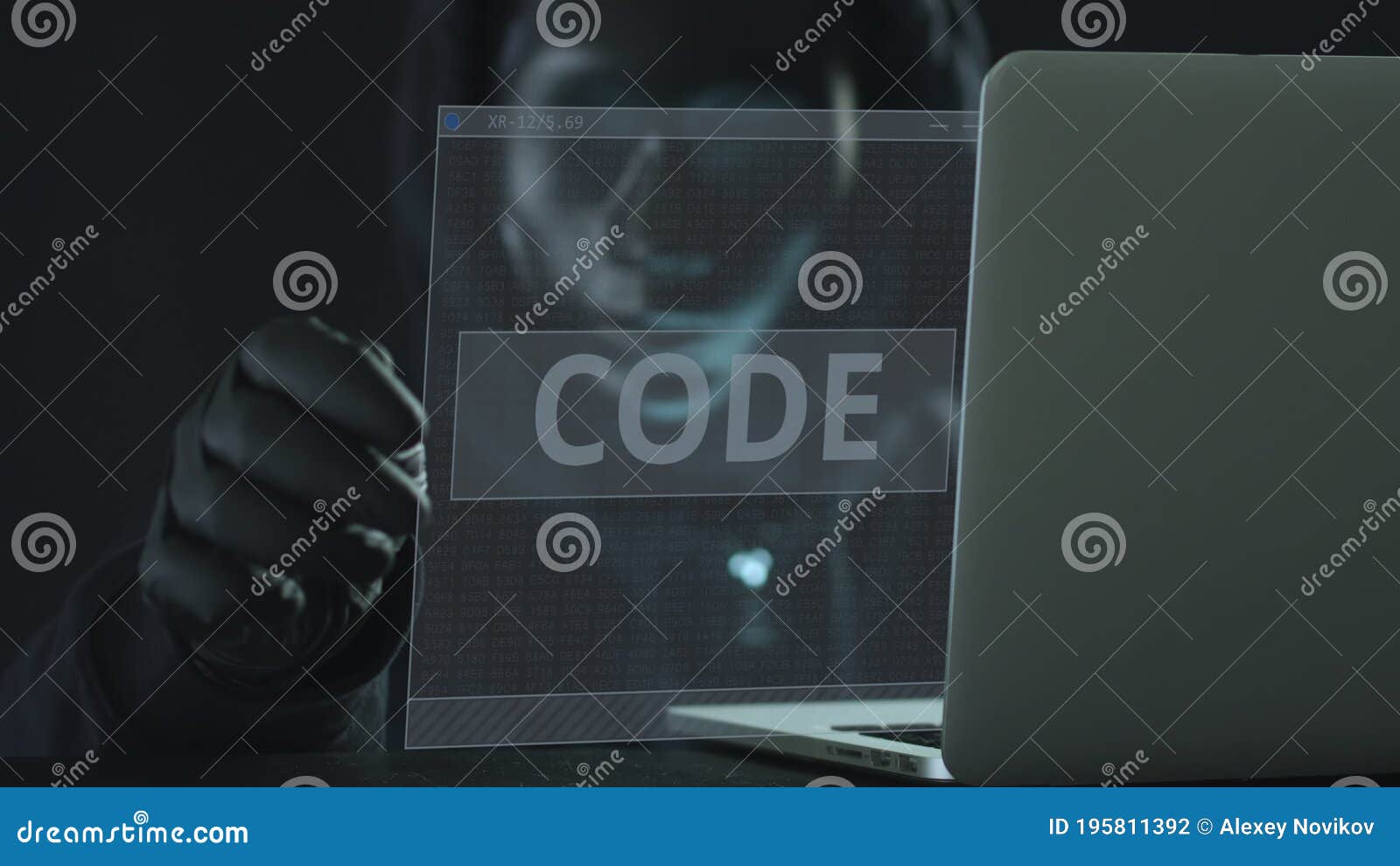A Hacker Wearing Black Pulls CODE Tab from a Laptop. Hacking Concept ...