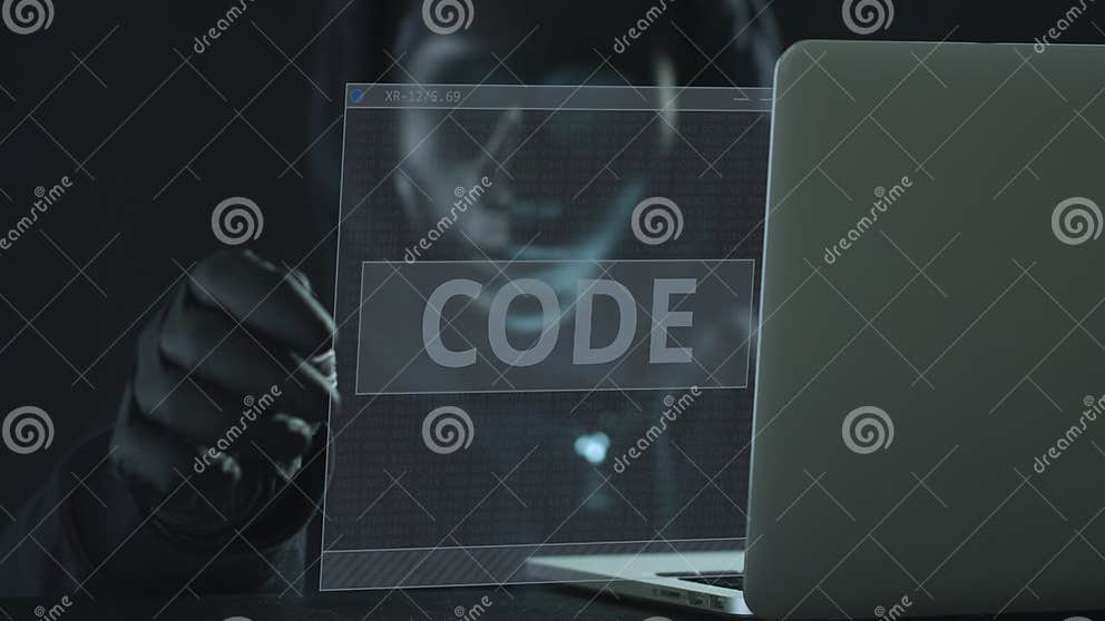 A Hacker Wearing Black Pulls CODE Tab from a Laptop. Hacking Concept ...