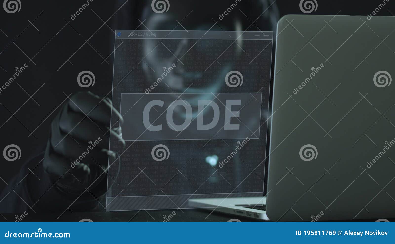 A Hacker Wearing Black Pulls CODE Tab from a Laptop. Hacking Concept ...