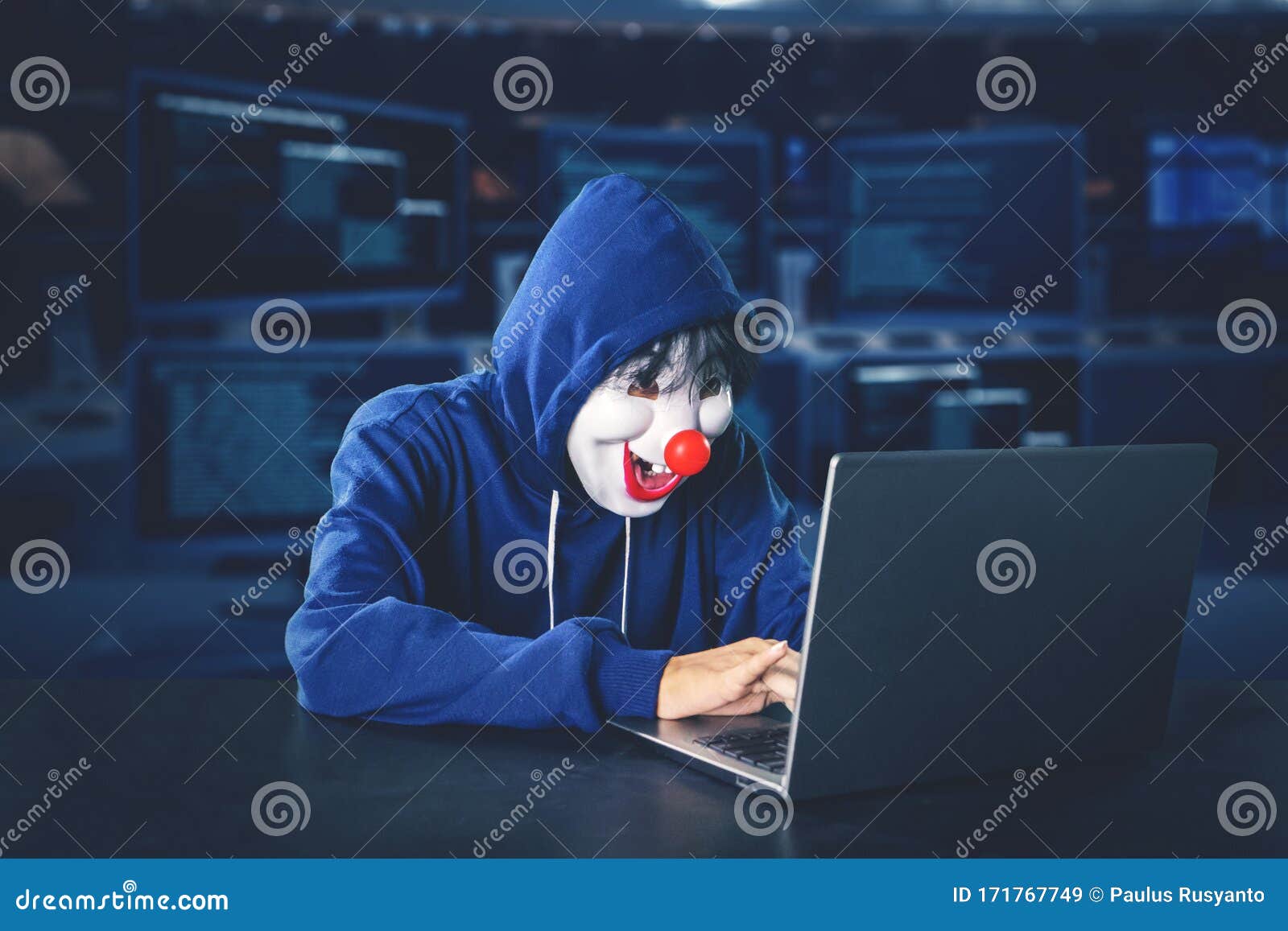 Hacker Wearing Clown Mask Working Stock Image - Image of hoodie, male ...