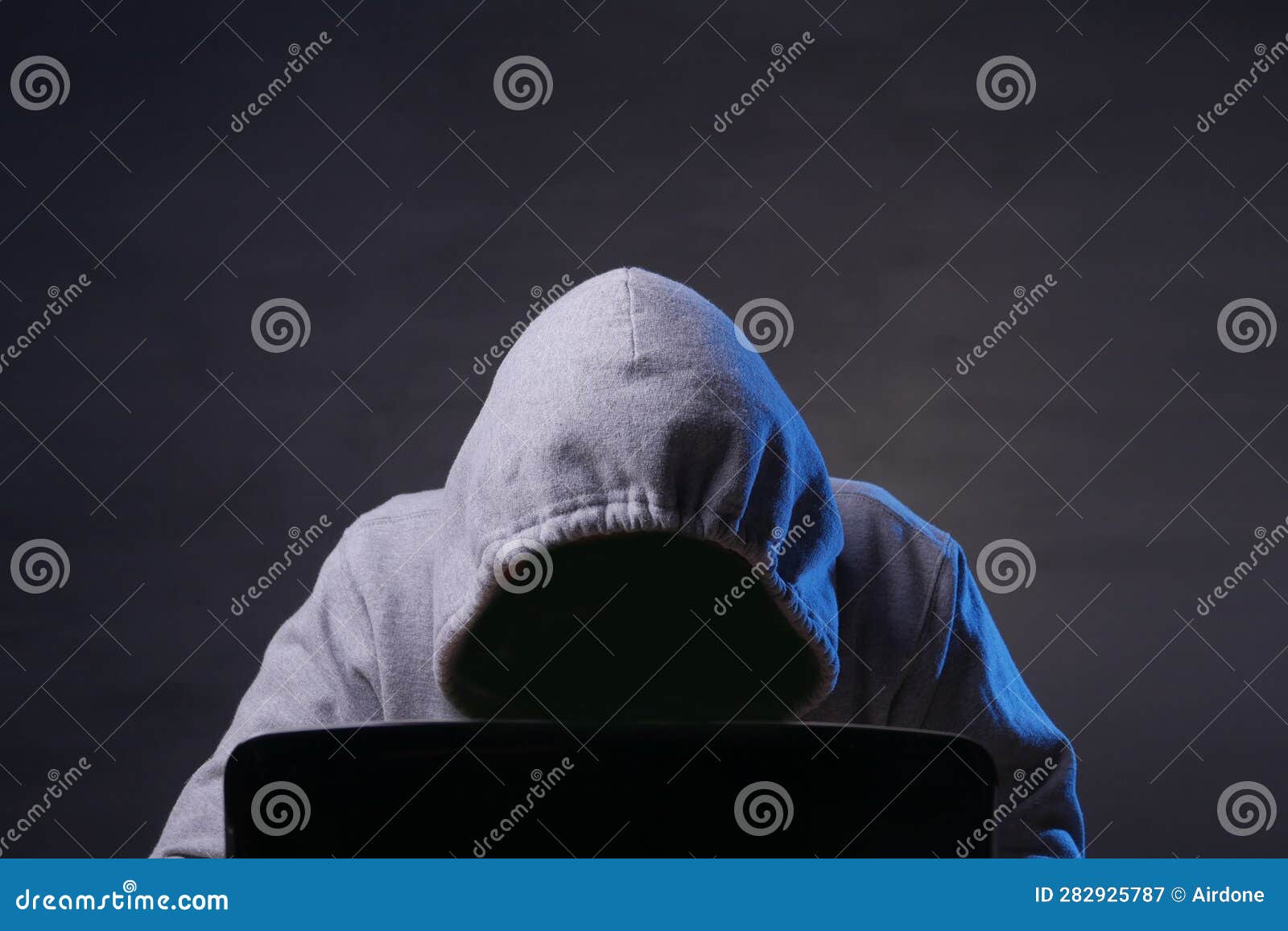 Hacker Wearing Grey Hoodie Using Laptop Computer Stock Image - Image of ...