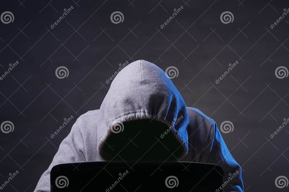 Hacker Wearing Grey Hoodie Using Laptop Computer Stock Image - Image of ...