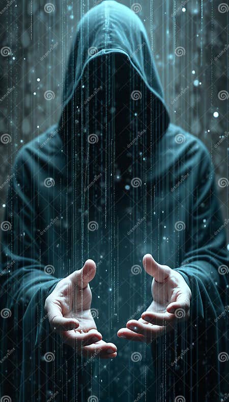 Hacker Wearing Hood Reaching Out To Falling Binary Code Stock Image ...