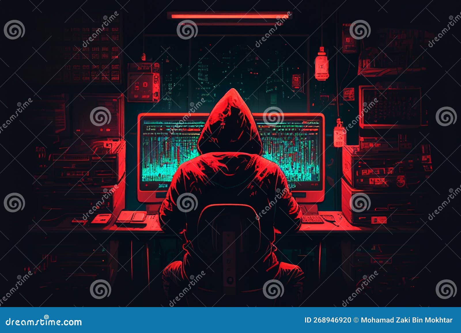 Hacker Wearing Hoodie Using a Computer Alone in a Room Stock ...
