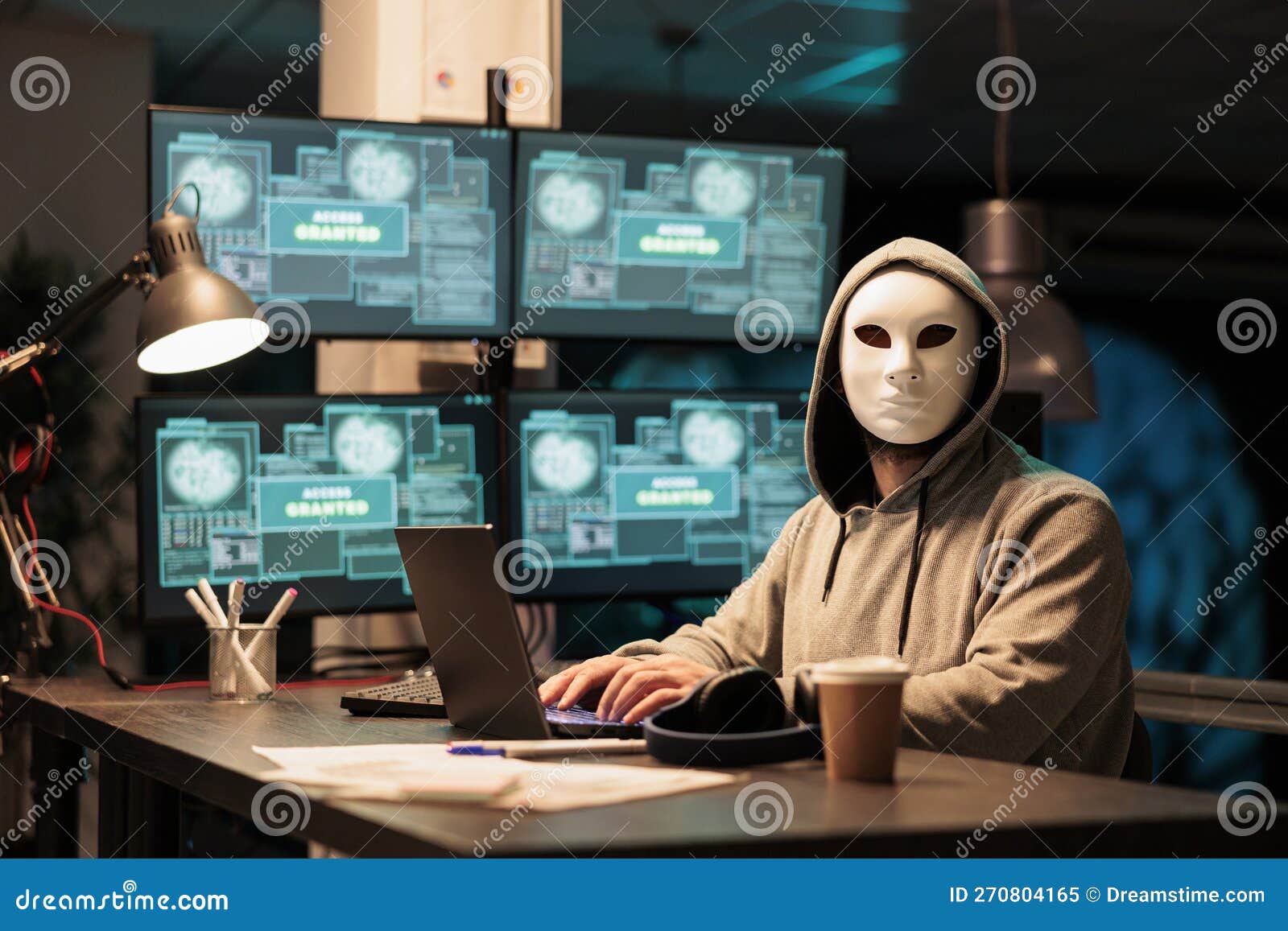 Hacker Wearing Mask and Hood To Hack Computer Stock Image - Image of ...