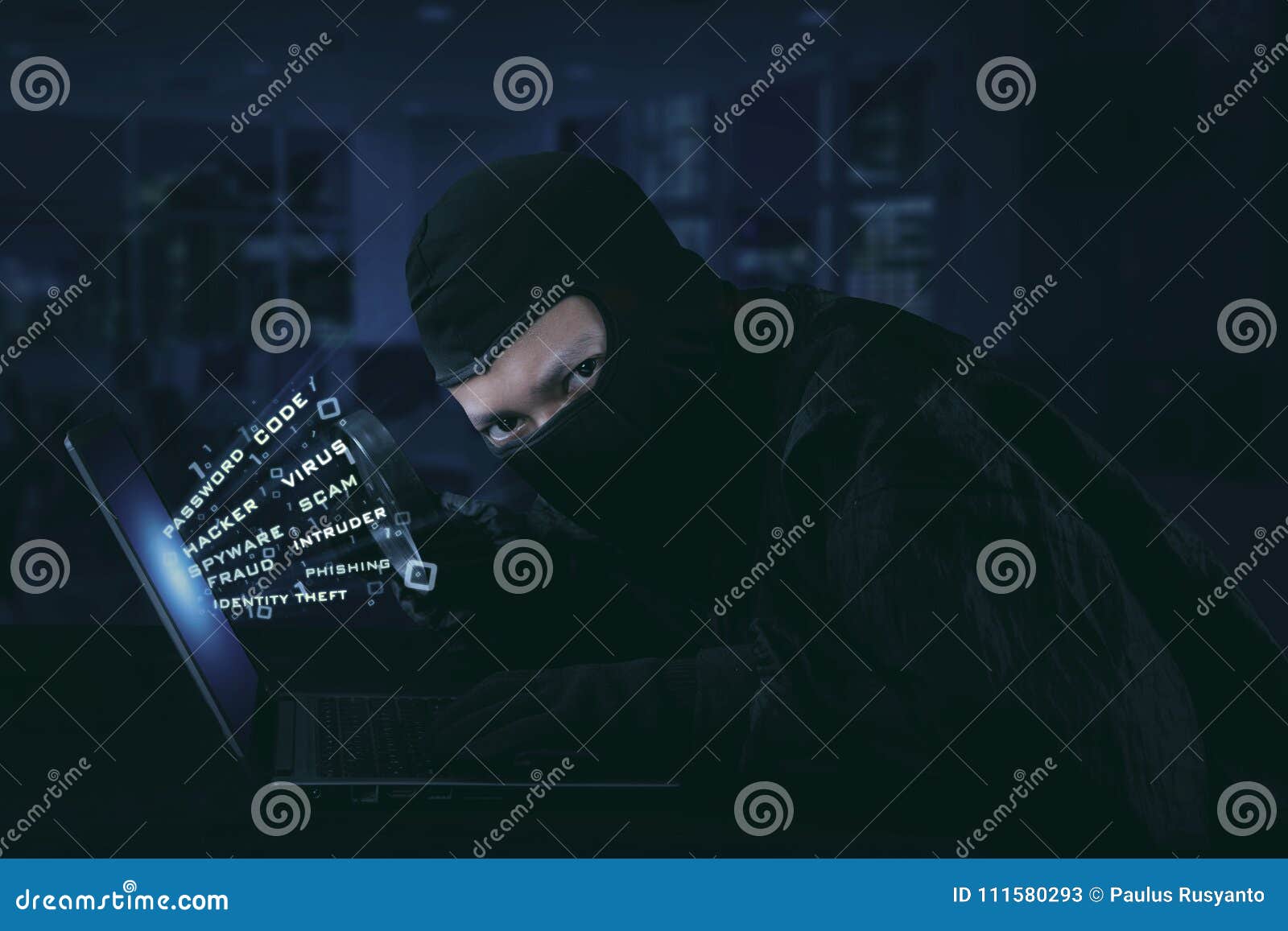 Hacker Wearing Mask Using Flash Light. Stock Image - Image of night ...