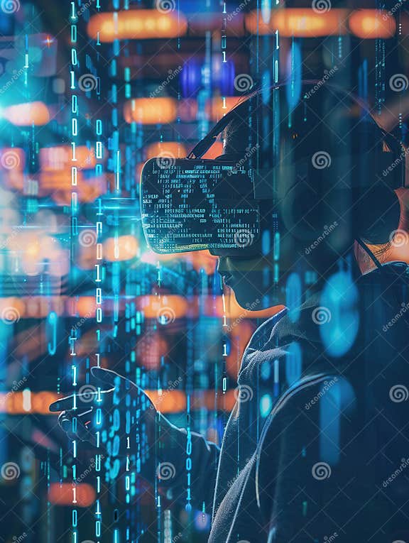 A Hacker Wearing a VR Headset Navigates a Vibrant Virtual Space Filled ...