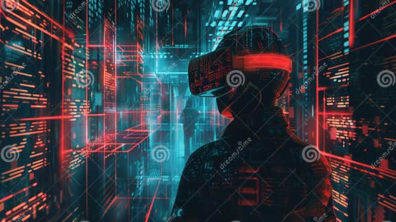 A Hacker Wearing a VR Headset Navigates a Virtual Environment Filled ...
