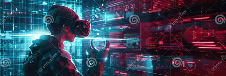 A Hacker Wearing a VR Headset Navigates a Virtual Space Filled with ...