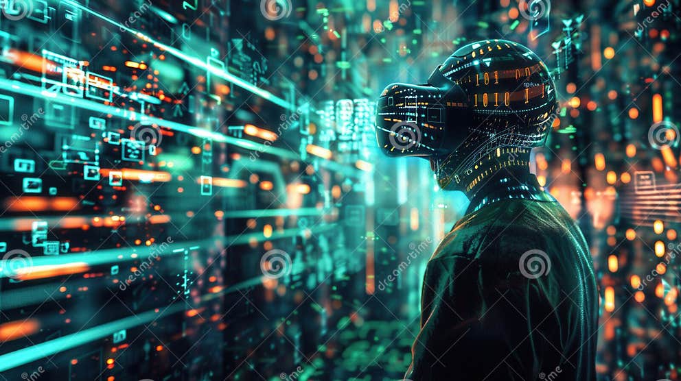 A Hacker Wearing a VR Headset Navigates a Virtual World Surrounded by ...