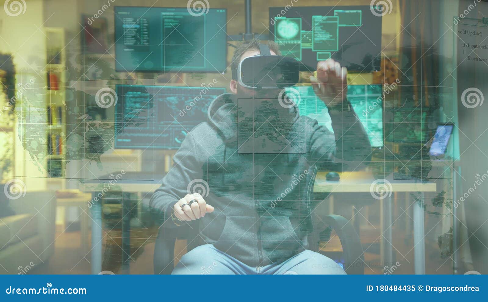 Hacker Wearing VR Headset and Working with AR Holograms Stock Video ...