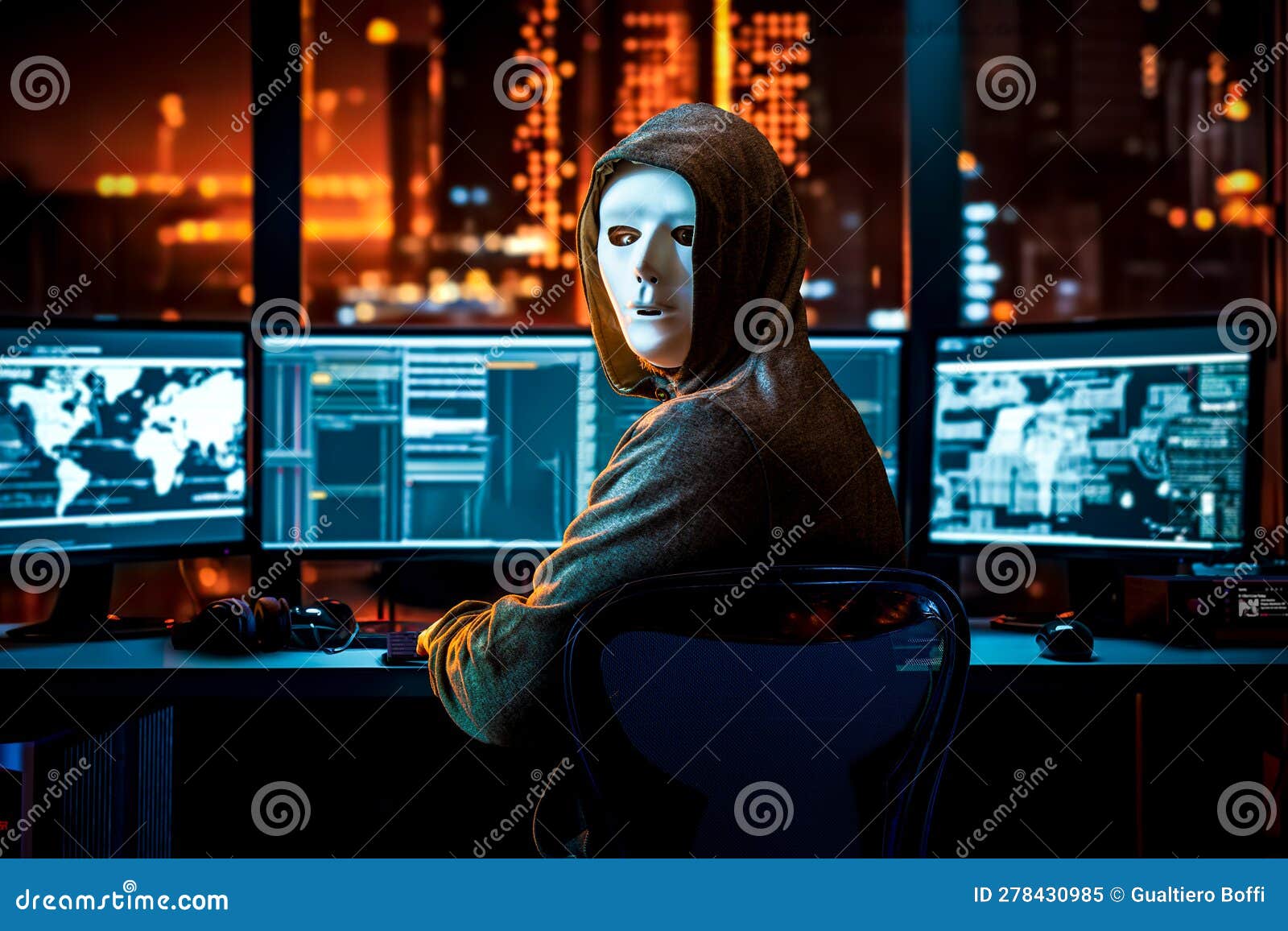 Hacker in White Mask with Computer and Server Stock Image - Image of ...