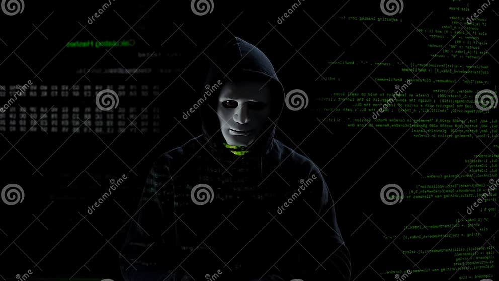 Hacker in White Mask Getting Ready To Work, Attacking System with ...