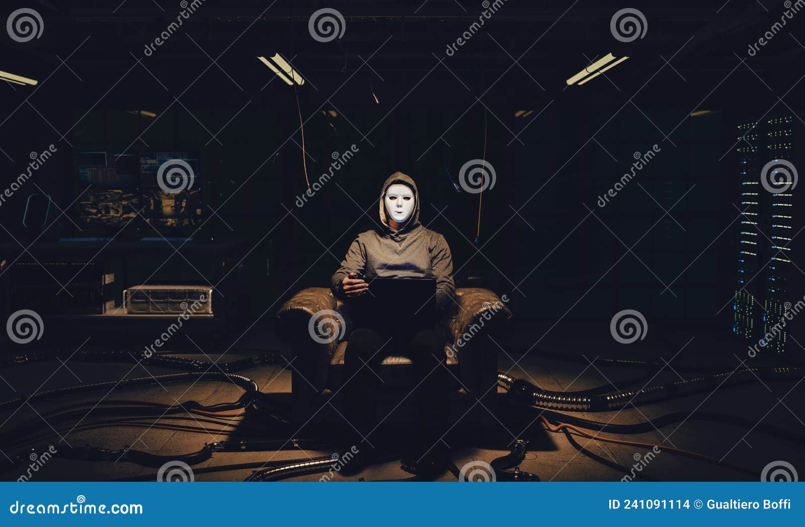 Hacker with White Mask Sitting in an Armchair Stock Photo - Image of ...