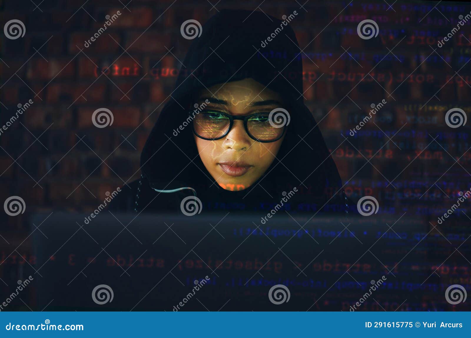 Hacker Woman In Basement And Laptop Coding And It With Code Overlay Database With Phishing