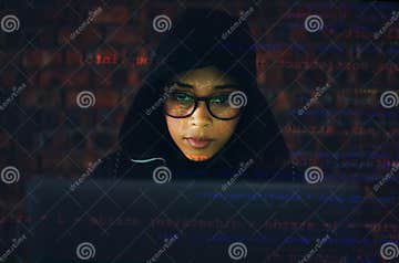 Hacker, Woman in Basement and Laptop, Coding and it with Code Overlay ...