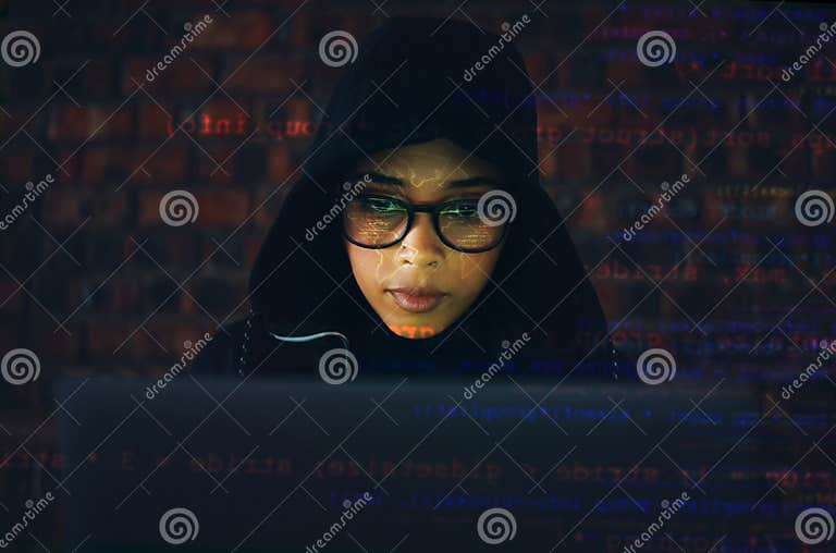 Hacker Woman In Basement And Laptop Coding And It With Code Overlay Database With Phishing