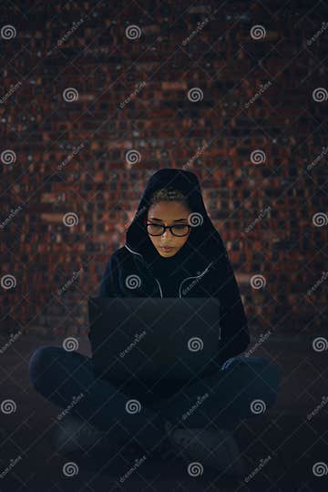 Hacker, Woman in Basement and Laptop, Information Technology for Coding ...