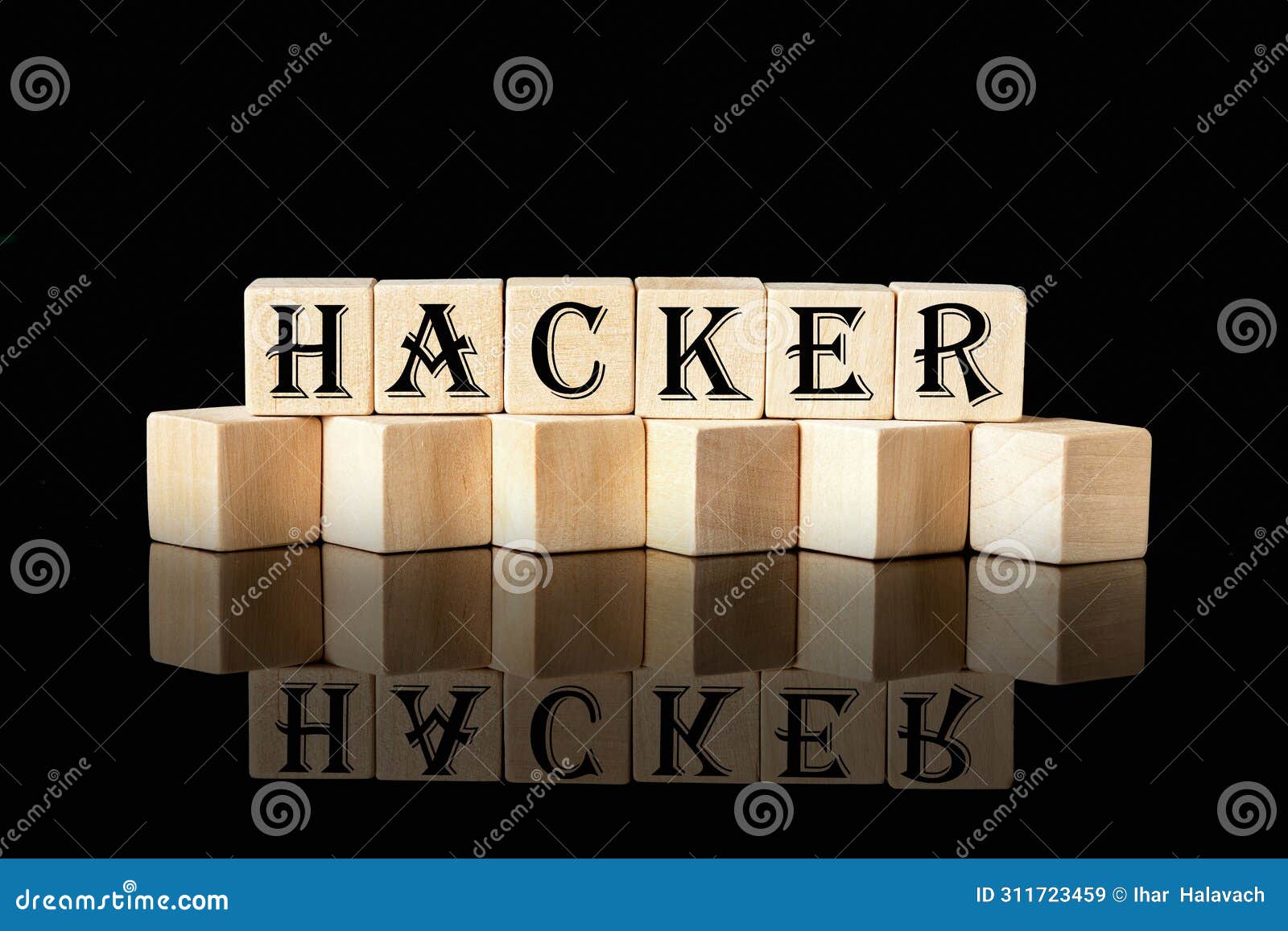Hacker Word on Wooden Cubes on a Glossy Black Background Stock Image ...