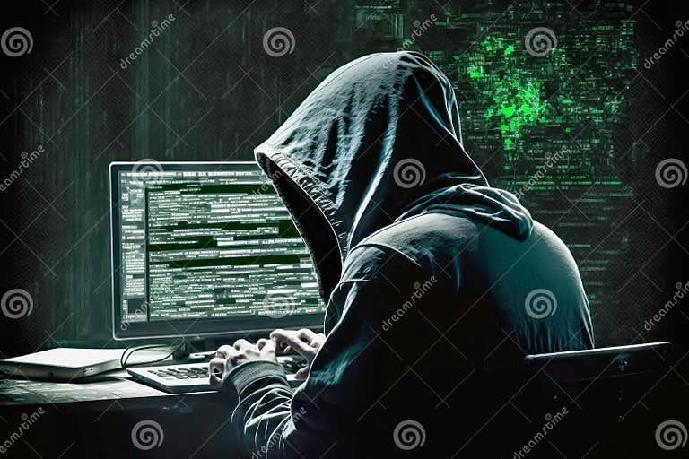 Hacker At Work With Gui Around Created With Generative Ai Technology Stock Illustration