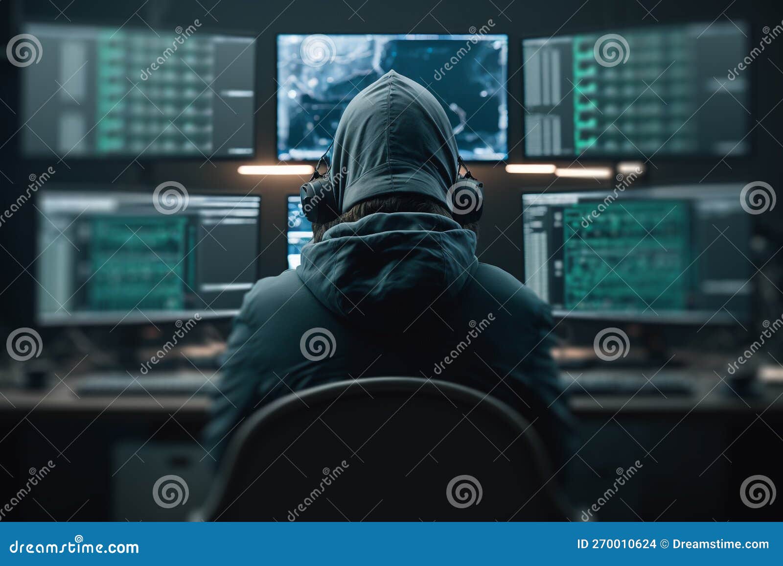 Hacker Working Behind Computer Monitors Illustration Generative Ai