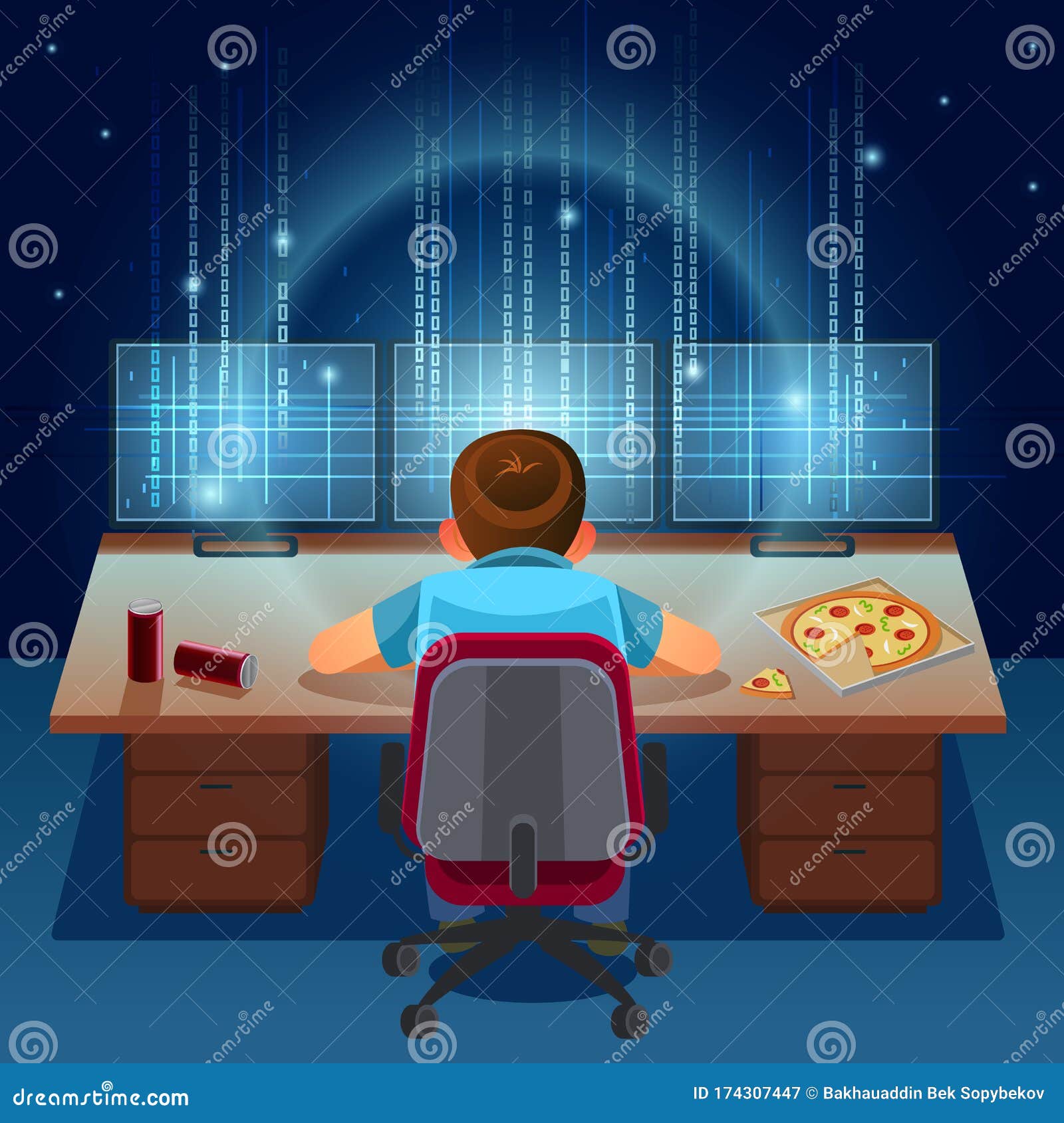 Hacker Working On A Code On Dark Digital Background With Digital Interface Around Binary