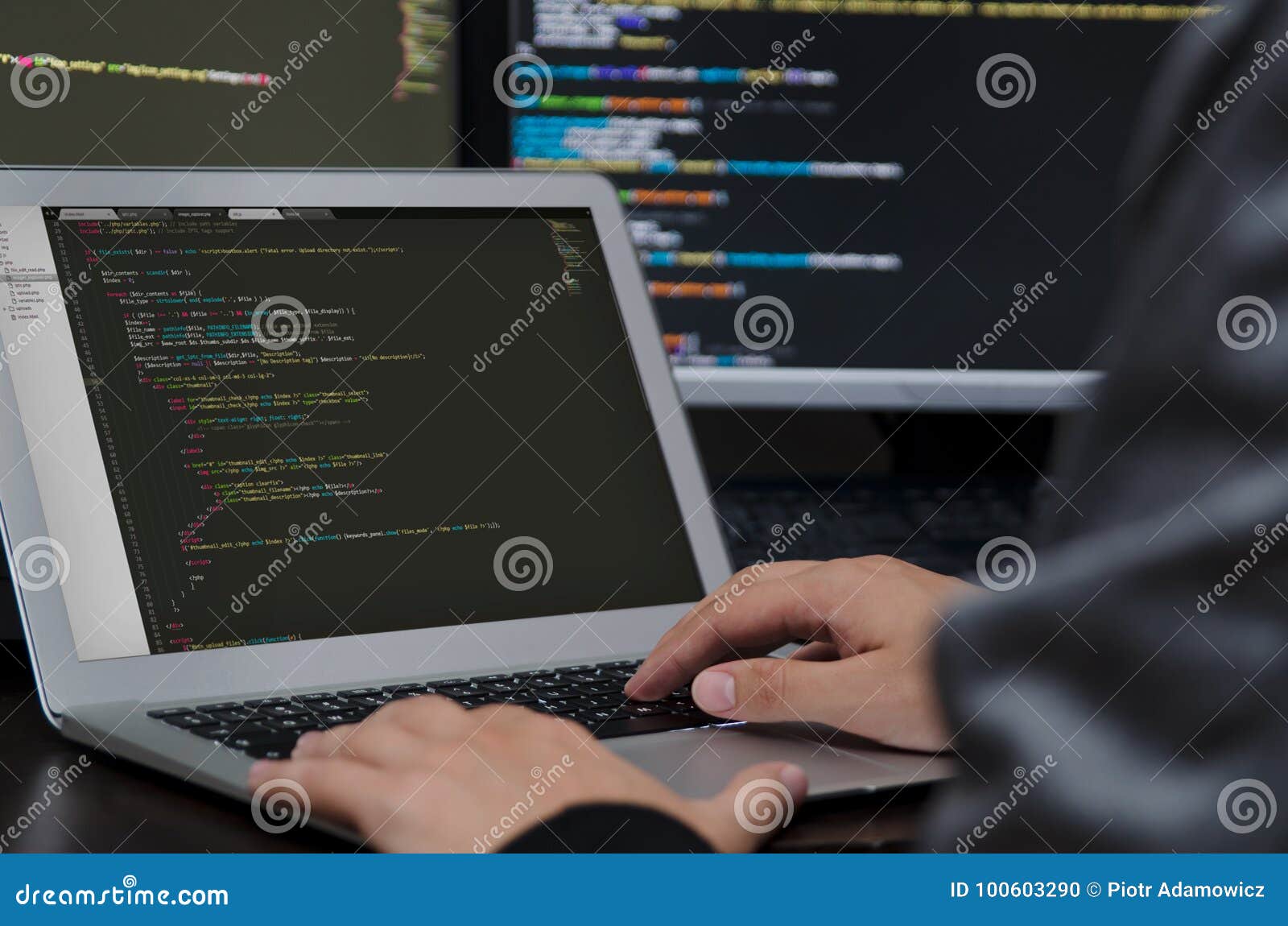 Hacker working on a code stock photo. Image of monitor - 100603290