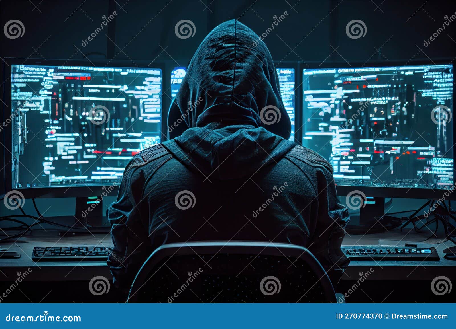 Hacker Working on Computer. Back View of Unrecognizable Man Sitting in ...