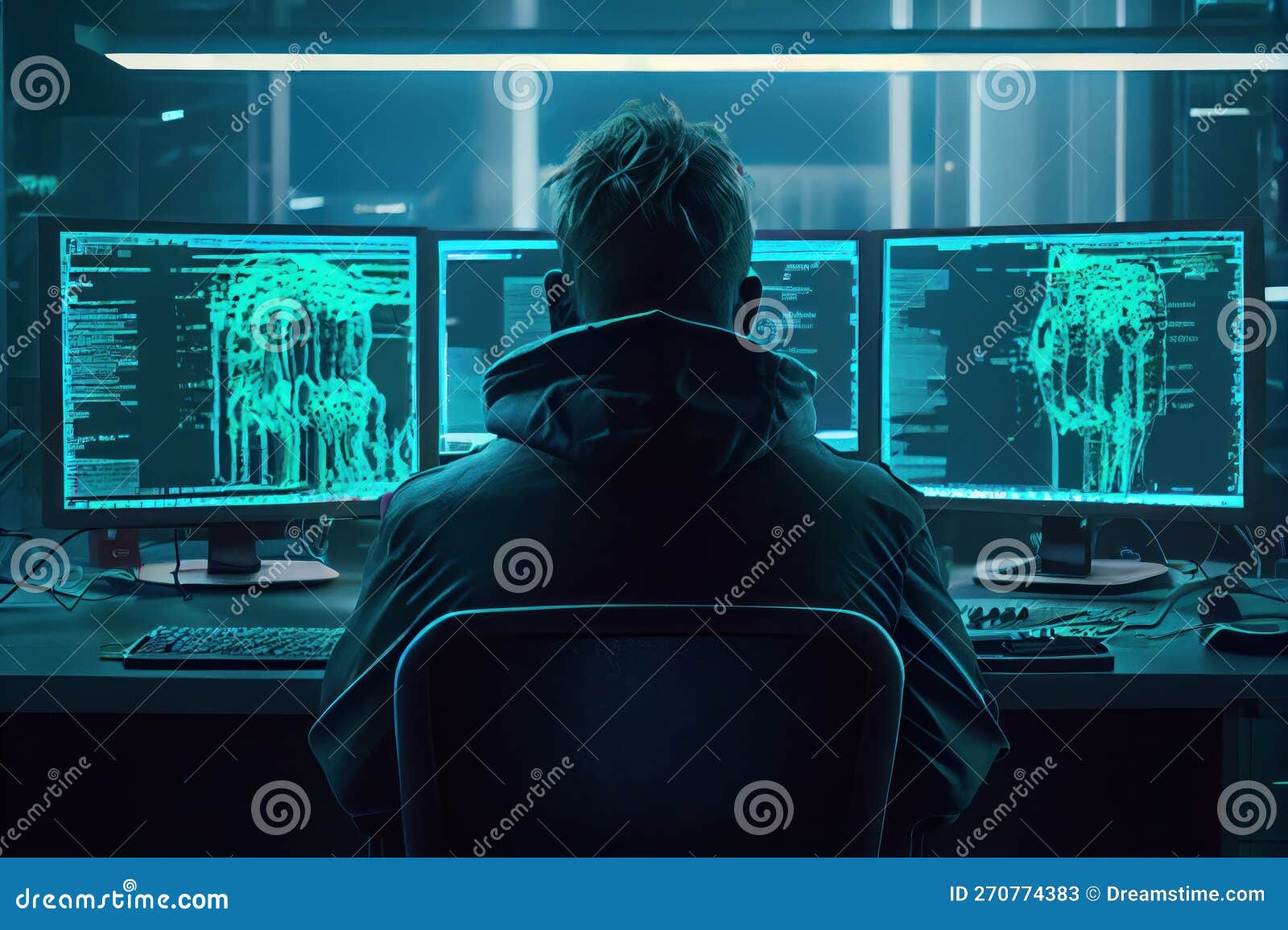 Hacker Working on Computer. Back View of Unrecognizable Man Sitting in ...