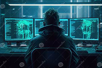Hacker Working on Computer. Back View of Unrecognizable Man Sitting in ...