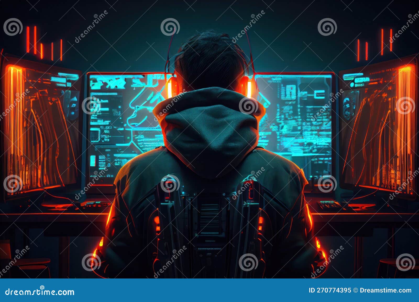Hacker Working on Computer. Back View of Unrecognizable Man Sitting in ...
