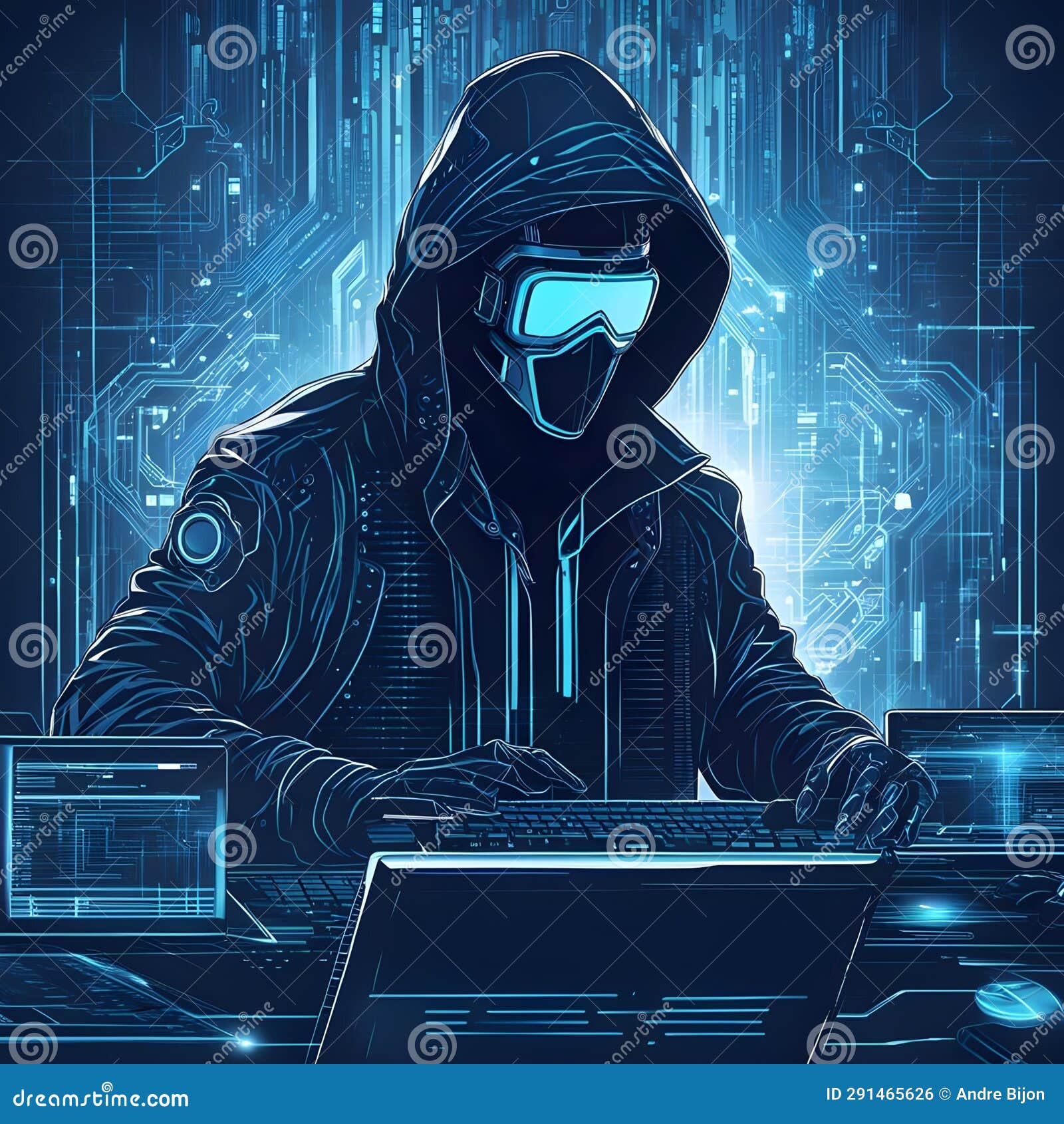 Hacker Working with Computer in a Blue and Dark Theme. Wallpaper Stock ...