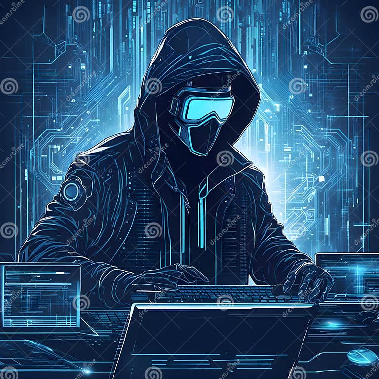 Hacker Working with Computer in a Blue and Dark Theme. Wallpaper Stock ...