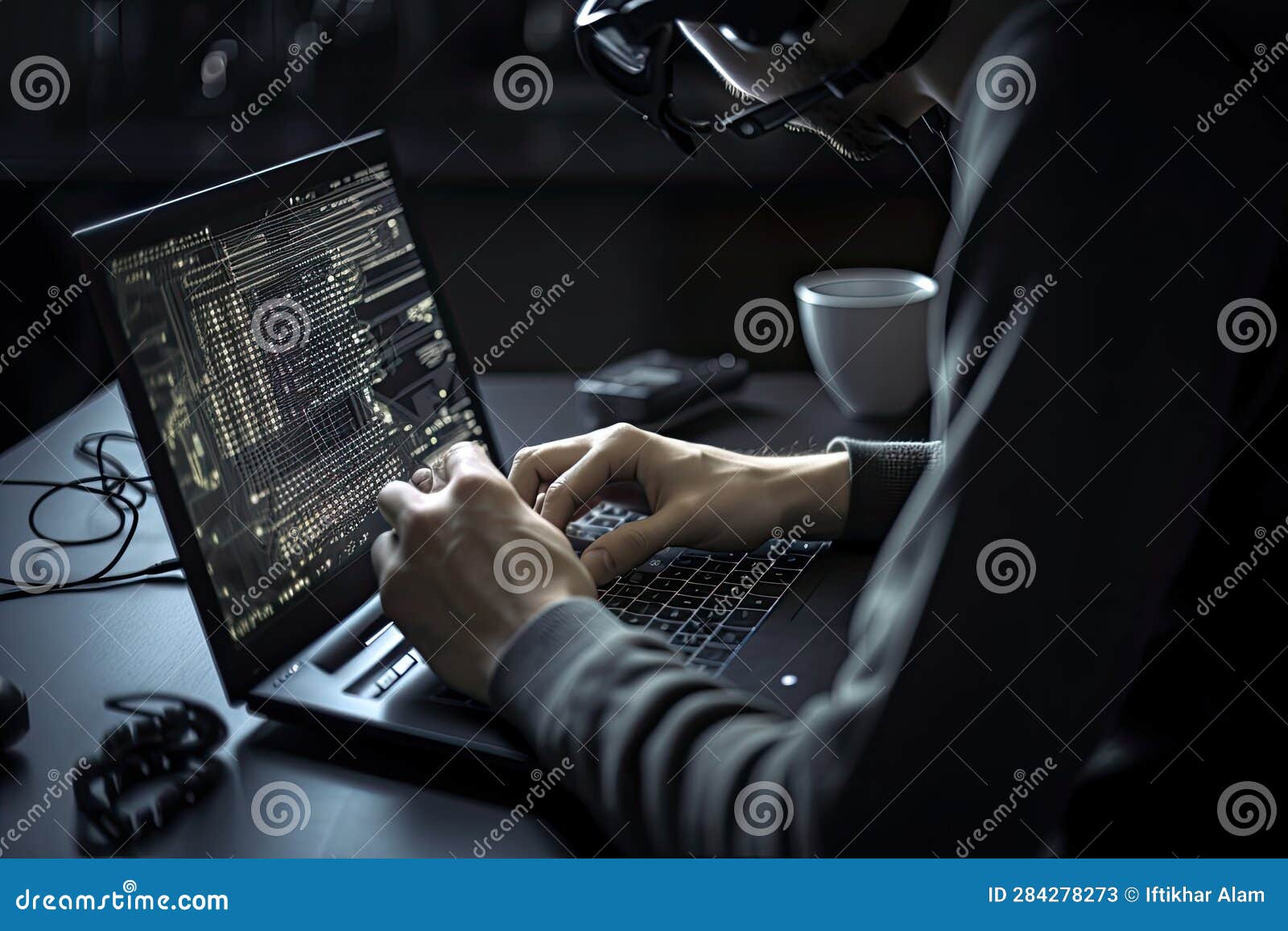 Hacker Working on Computer in Dark Office. Cybercrime Concept Stock ...