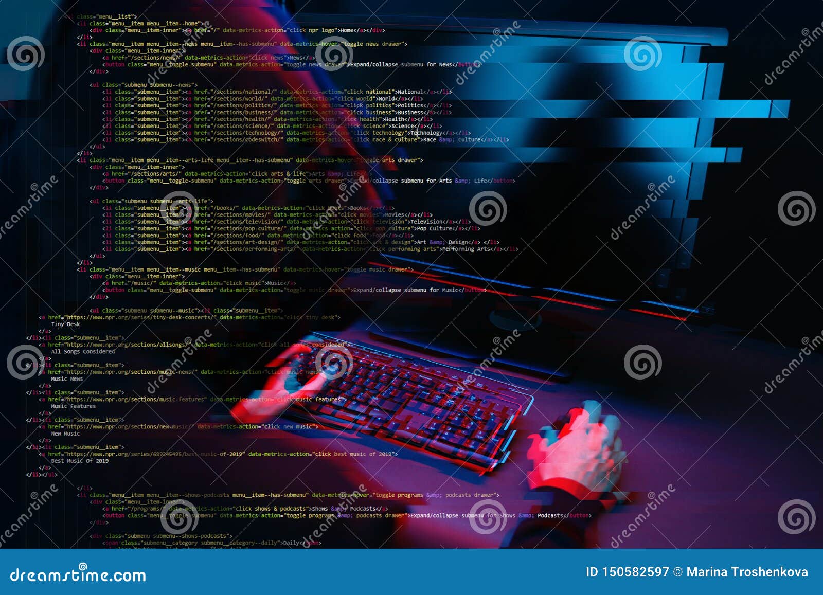 Hacker Working with Computer in Dark Room with Digital Interface Around ...