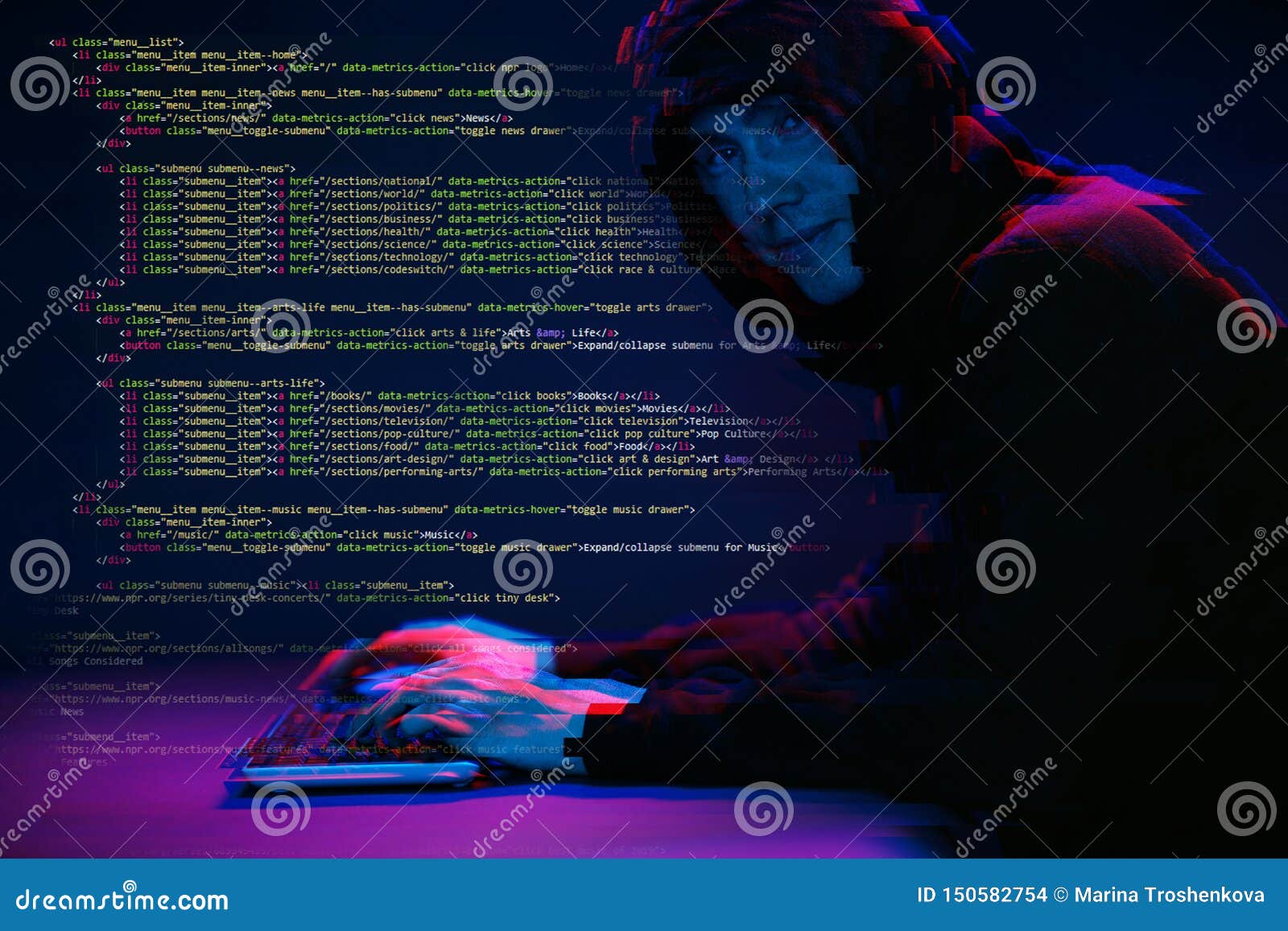 Hacker Working with Computer in Dark Room with Digital Interface Around ...