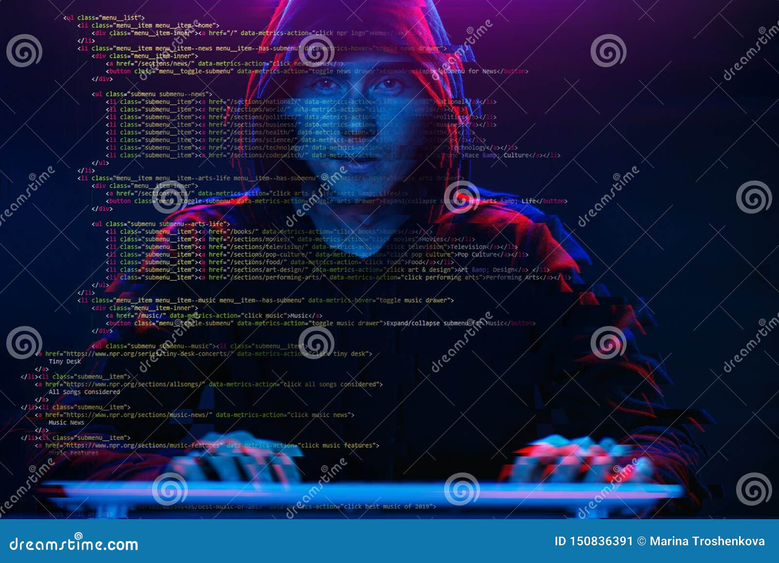 Hacker Working with Computer in Dark Room with Digital Interface Around ...