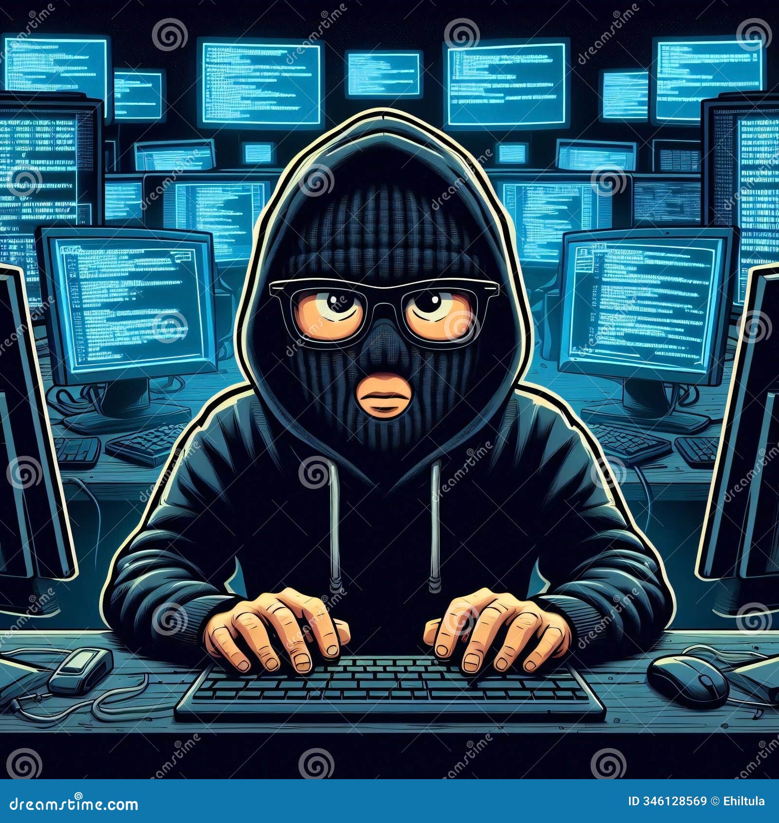 Hacker Working On Laptop Near To American Flag And Stop Board With ...