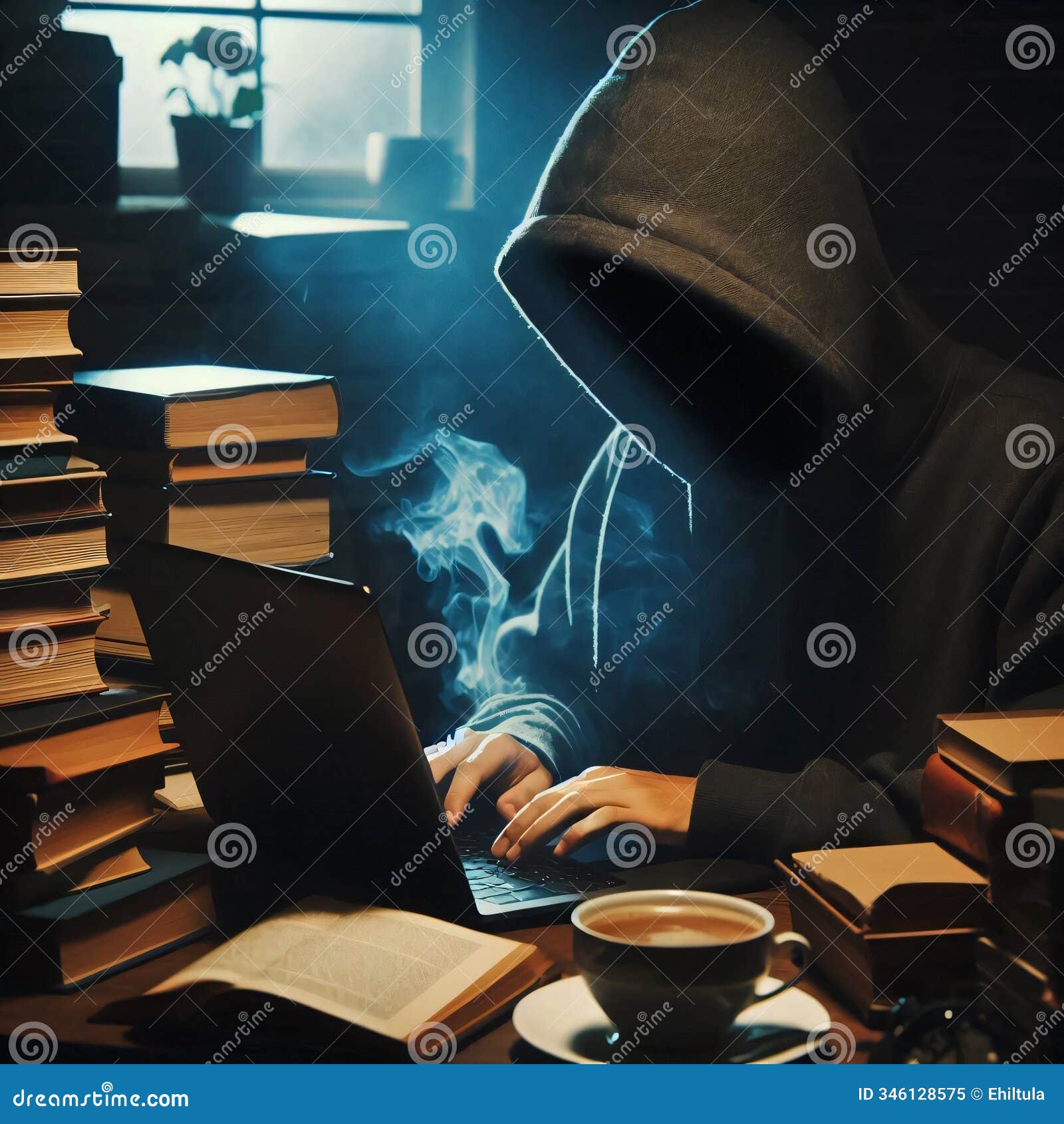 Hacker Working On Laptop Near To American Flag And Stop Board With ...