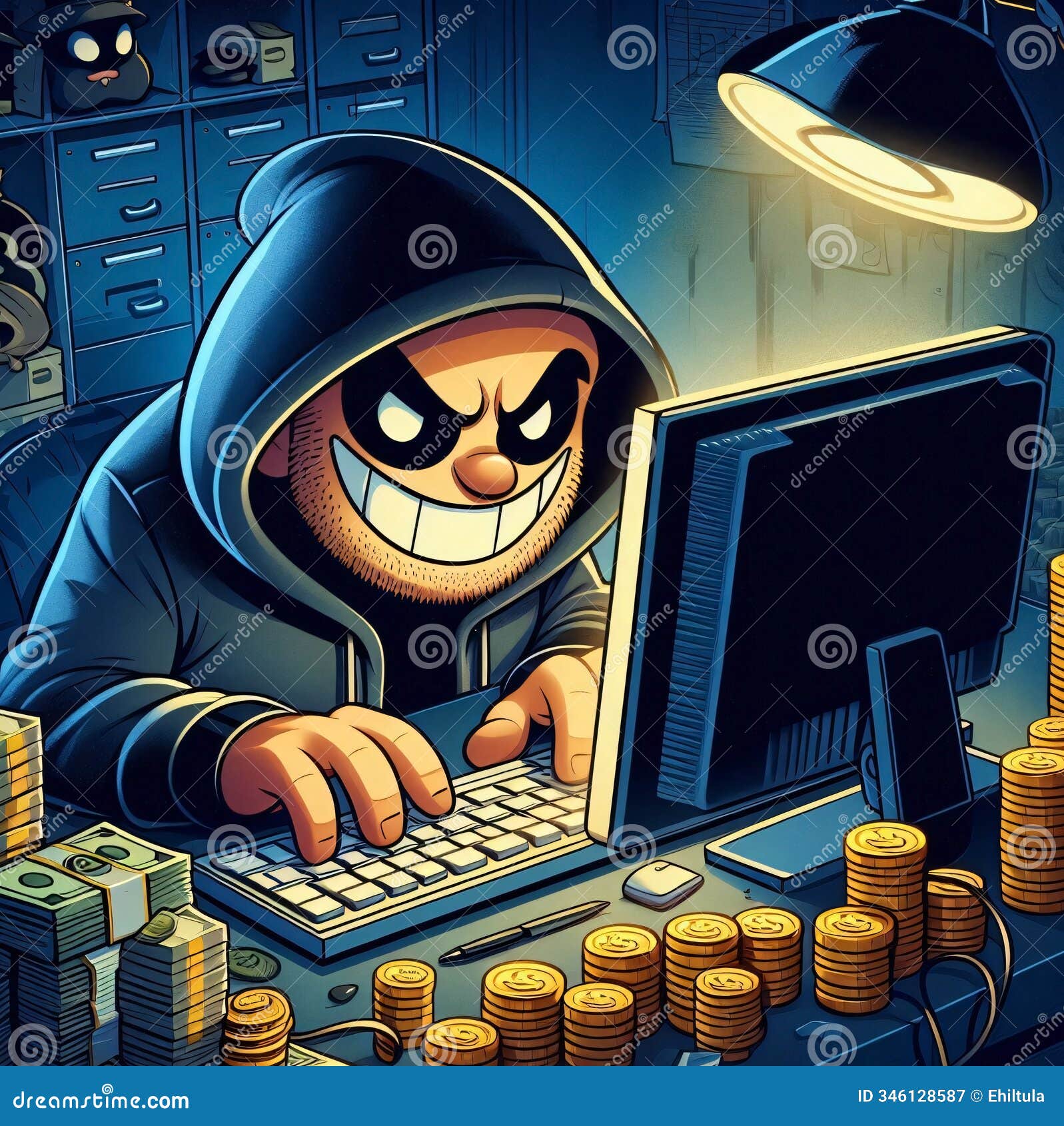 Hacker Working On Laptop Near To American Flag And Stop Board With ...