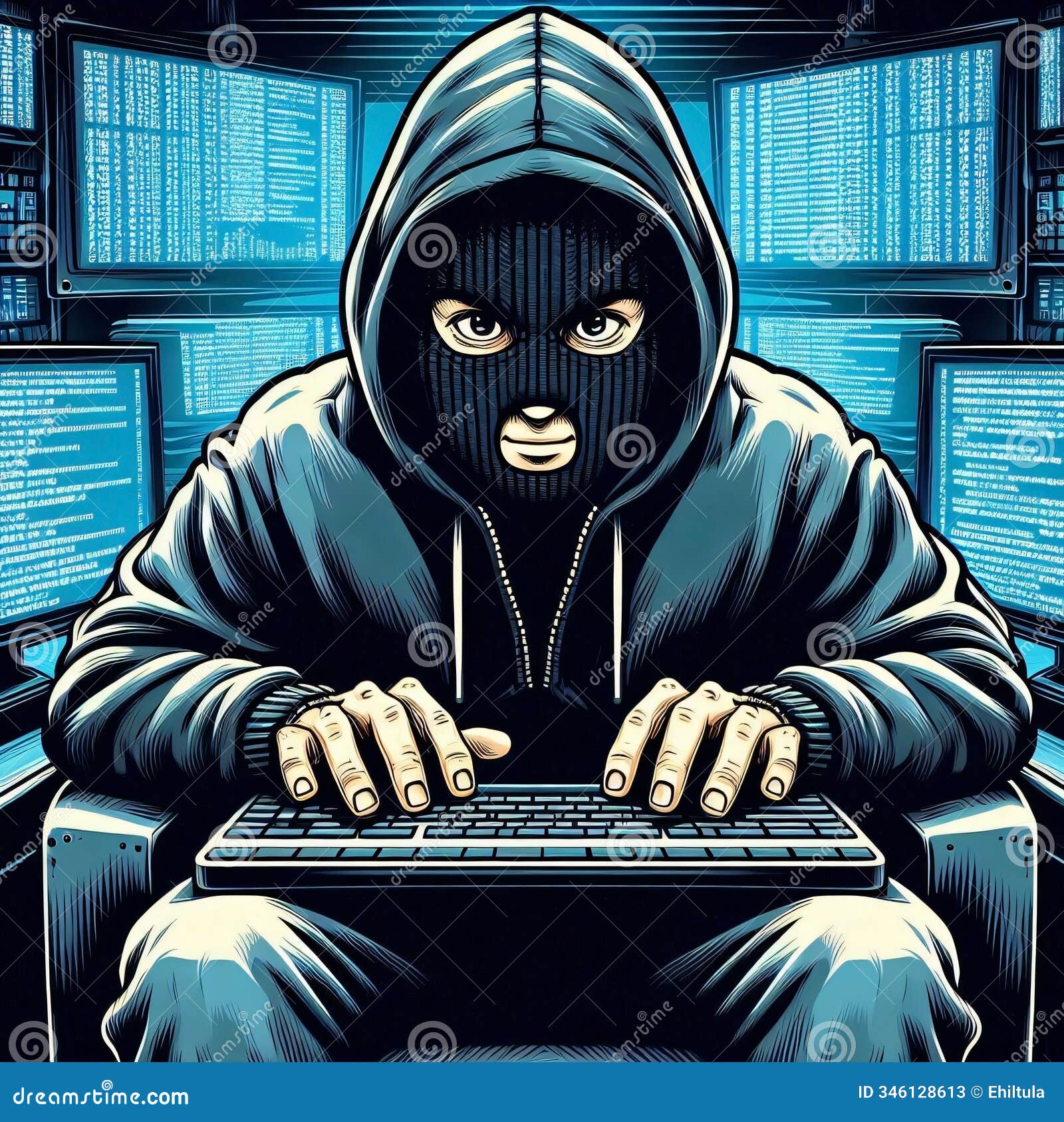 Hacker Working On Laptop Near To American Flag And Stop Board With ...