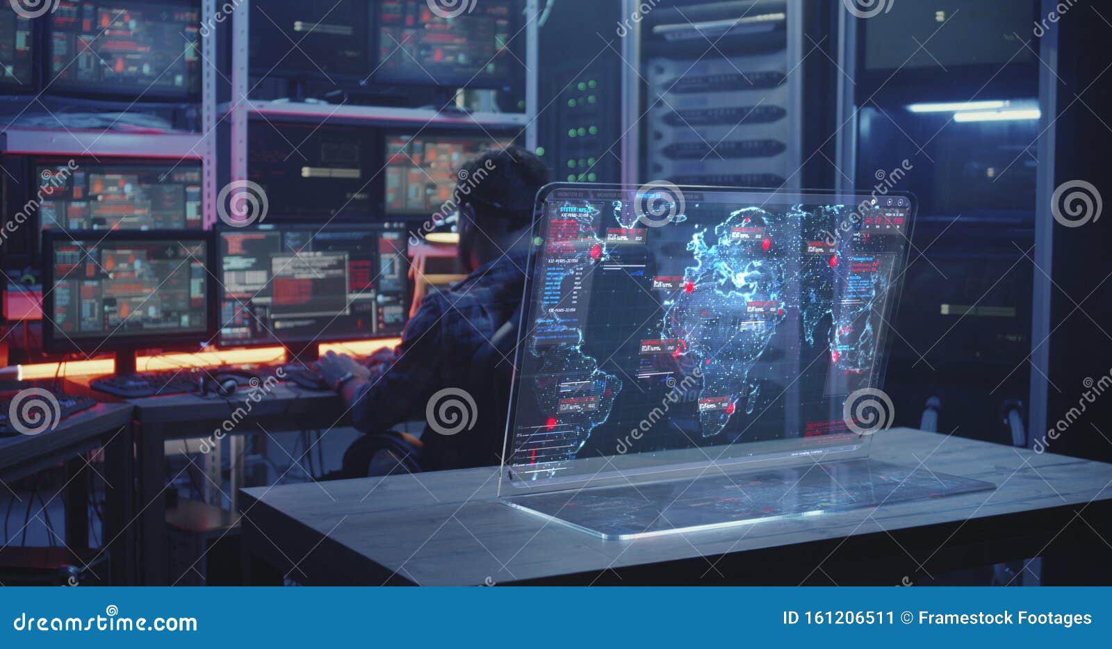 Hacker Working with Futuristic Display Screen Stock Image - Image of ...