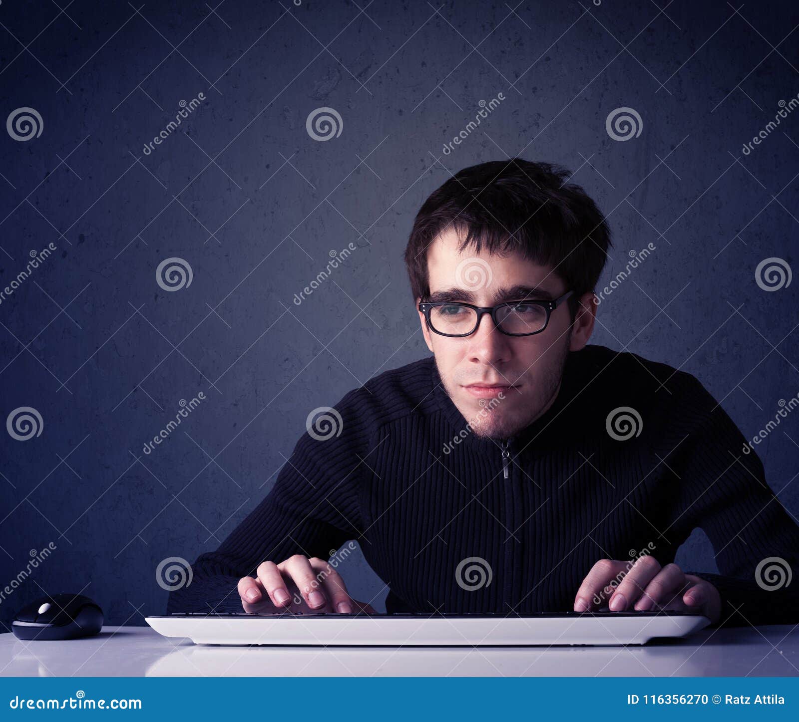 Hacker Working with Keyboard on Blue Background Stock Photo - Image of ...