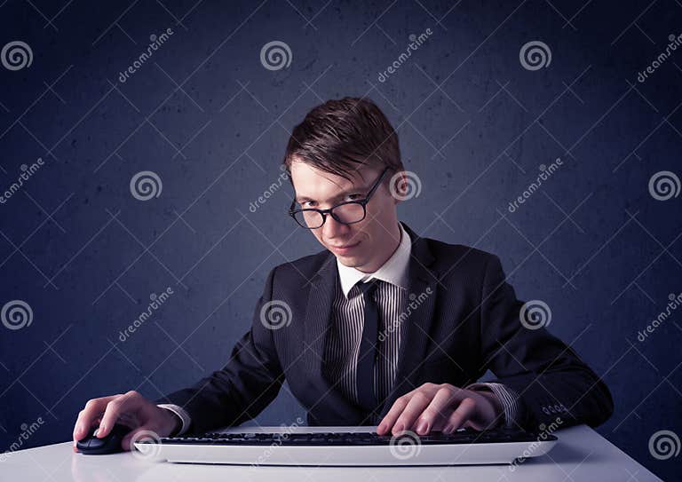 Hacker Working with Keyboard on Blue Background Stock Image - Image of ...