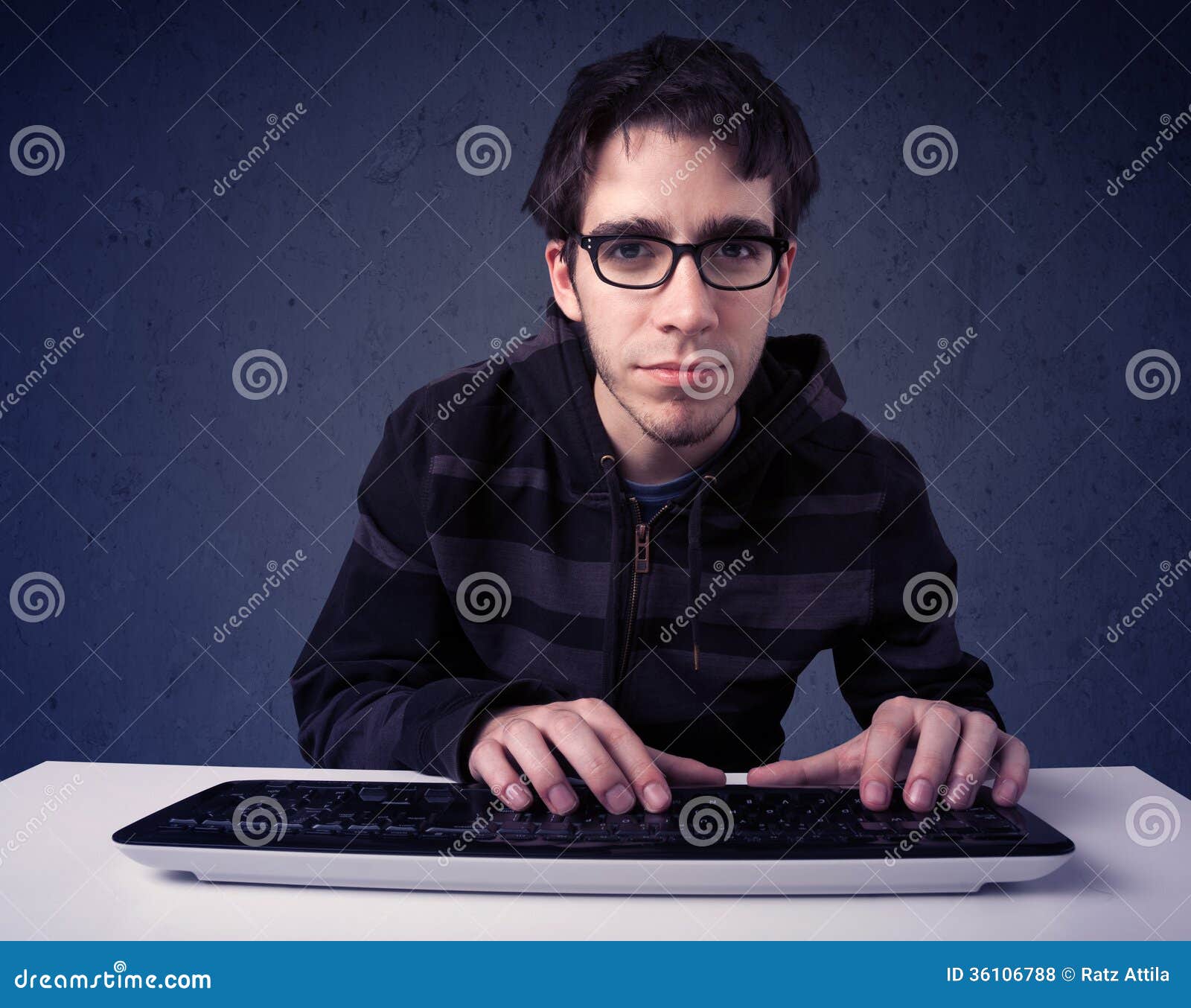 Hacker Working with Keyboard on Blue Background Stock Photo - Image of ...