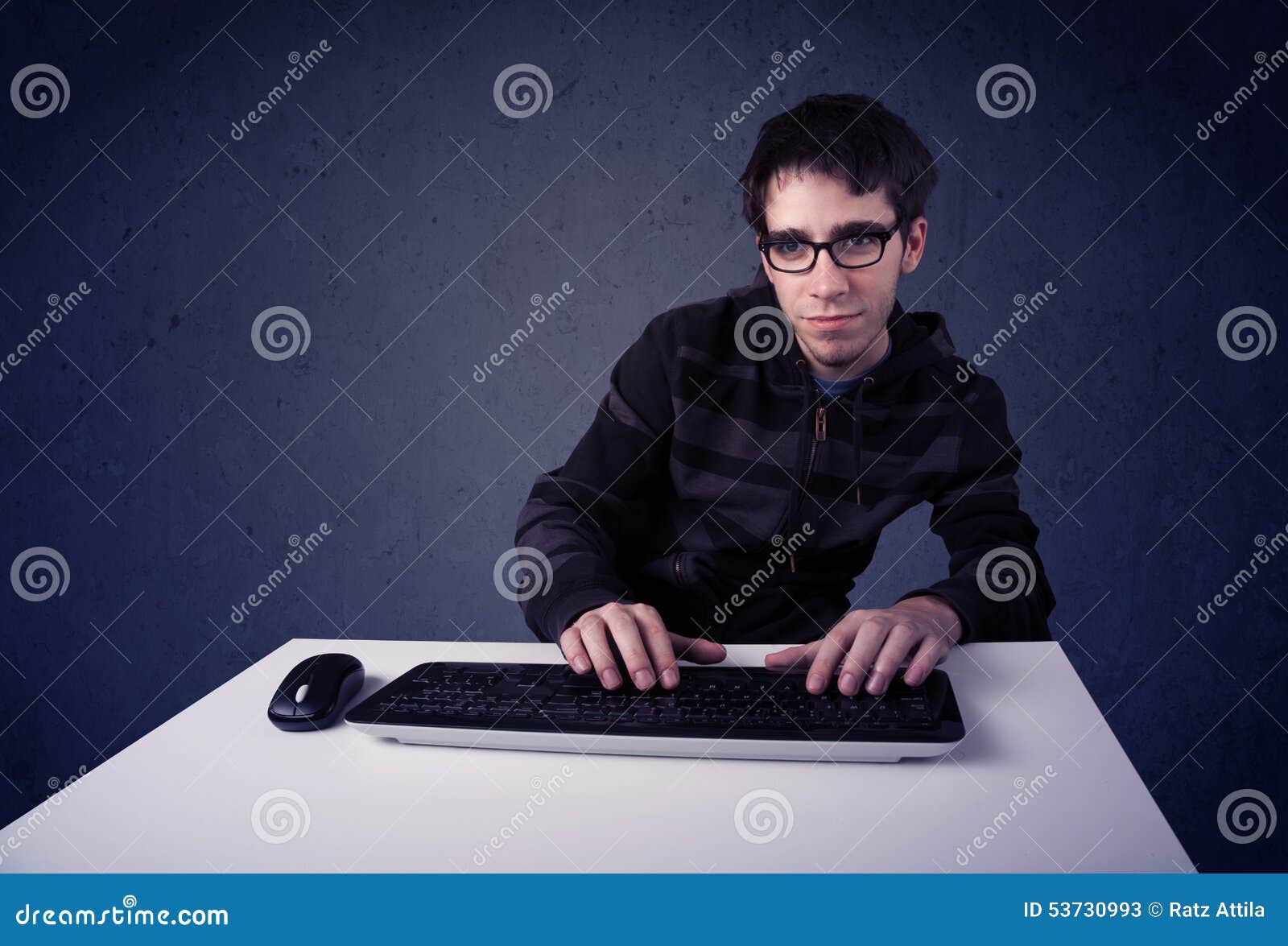 Hacker Working with Keyboard on Blue Background Stock Image - Image of ...