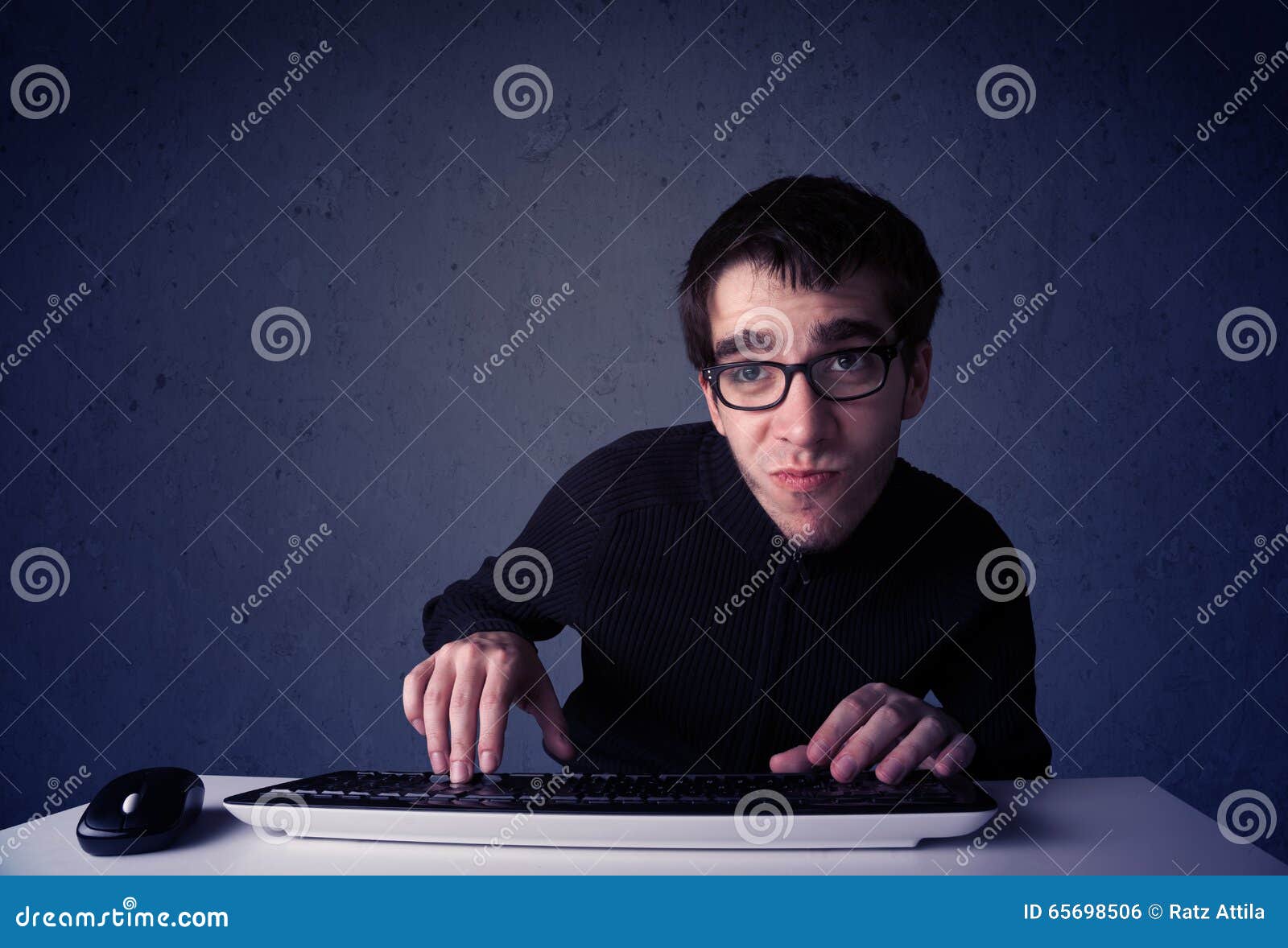 Hacker Working with Keyboard on Blue Background Stock Photo - Image of ...